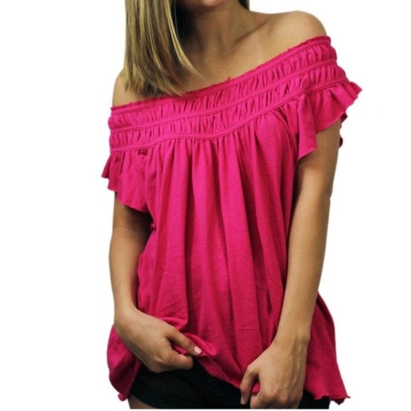Free People | Tops | Free People Pink Ruffle Top Off Shoulder Nwt Xs S ...